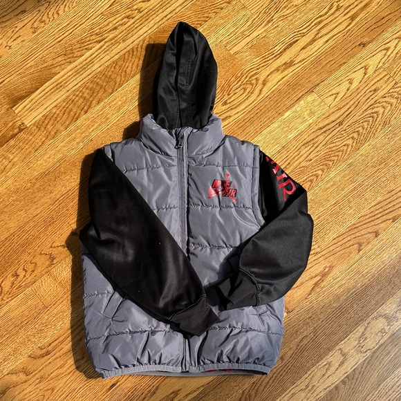 Jordan | Jackets & Coats | Jordan Gray And Black Puffer Jacket With Red ...